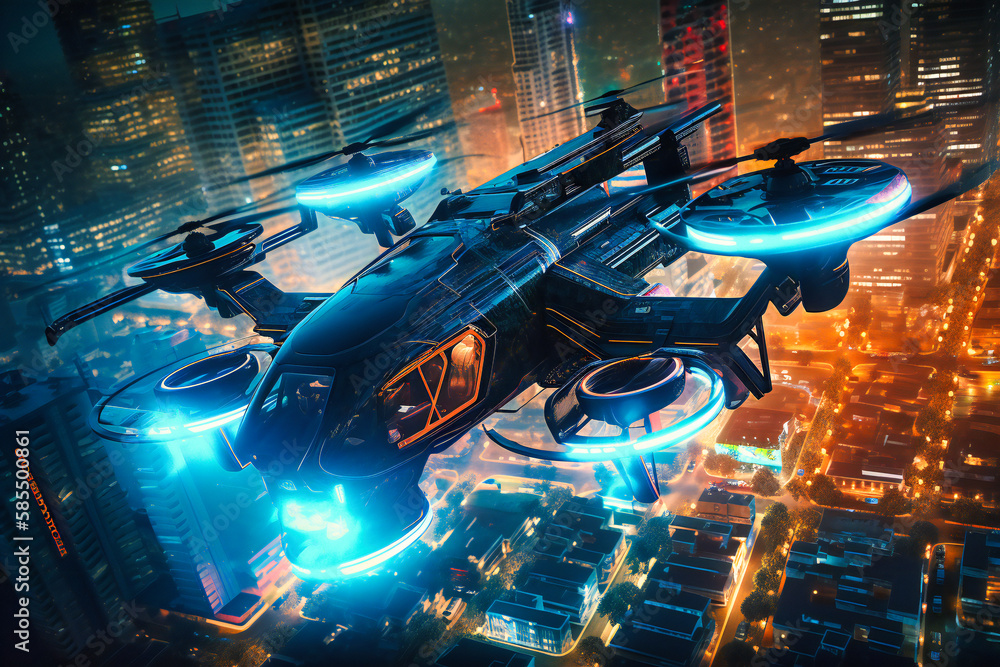 Soaring above the city's pulsating energy, the innovative flying car ...