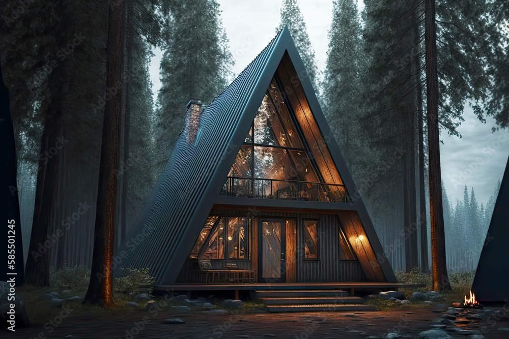 Two-level A-frame cabin with glass windows located among trees, created ...