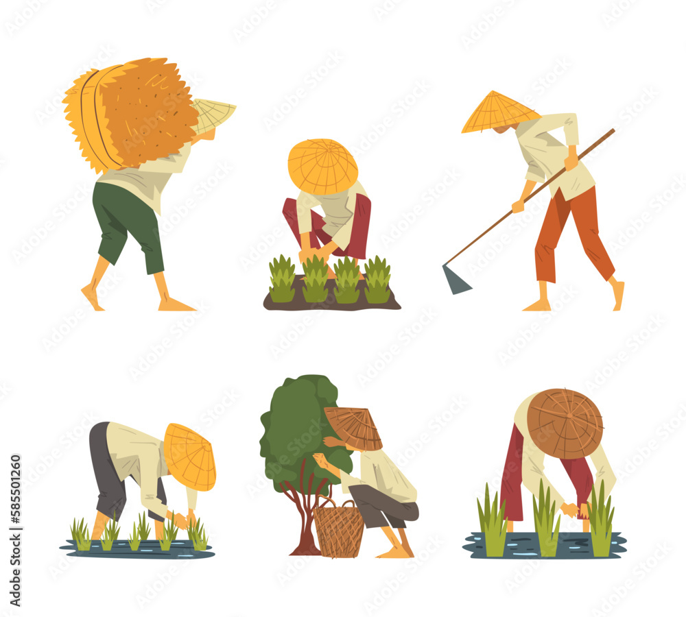 Asian farmers working on field set. Peasants characters in straw ...