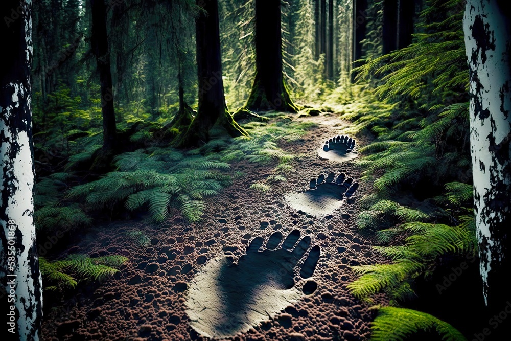 Huge footprints left on forest path by feet of bigfoot, created with generative ai Stock ...