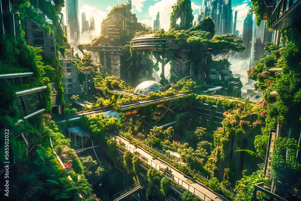 A radiant green city emerges, blending futuristic architecture with ...