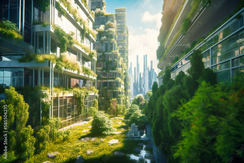 The green futuristic city is a bustling metropolis where towering ...