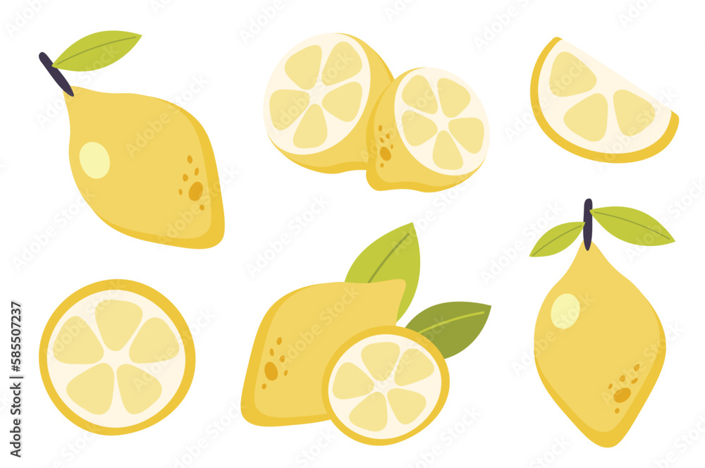 Cartoon lemons. Yellow fruit isolated on a white background with leaves ...