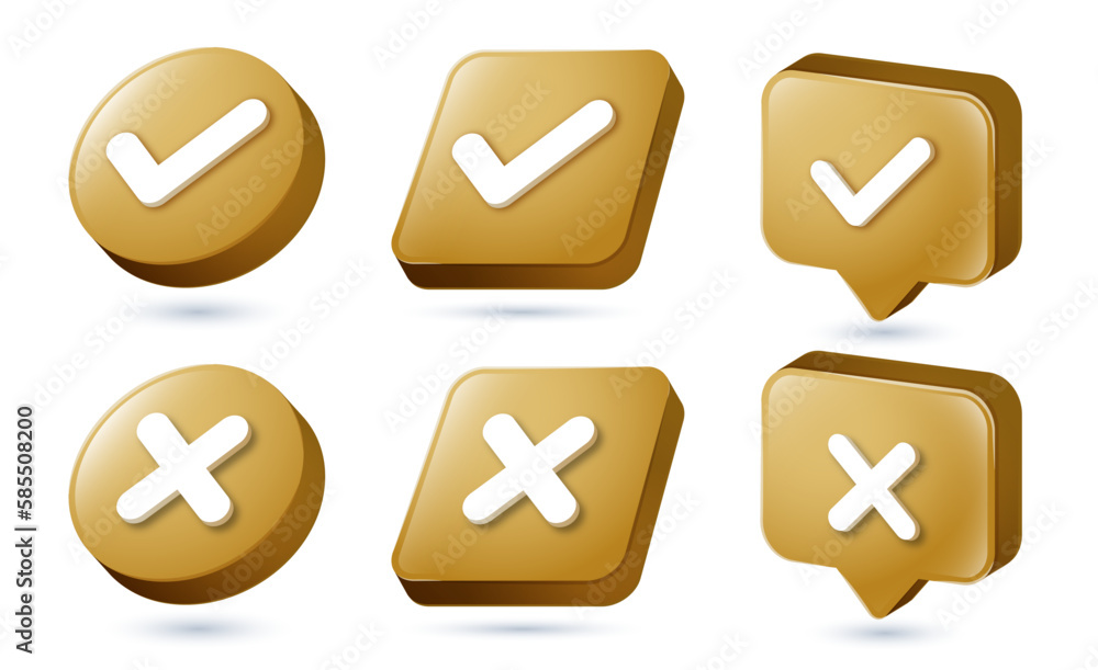 golden icons 3d check mark button correct and incorrect sign in ... golden icons 3d check mark button correct and incorrect sign in ...