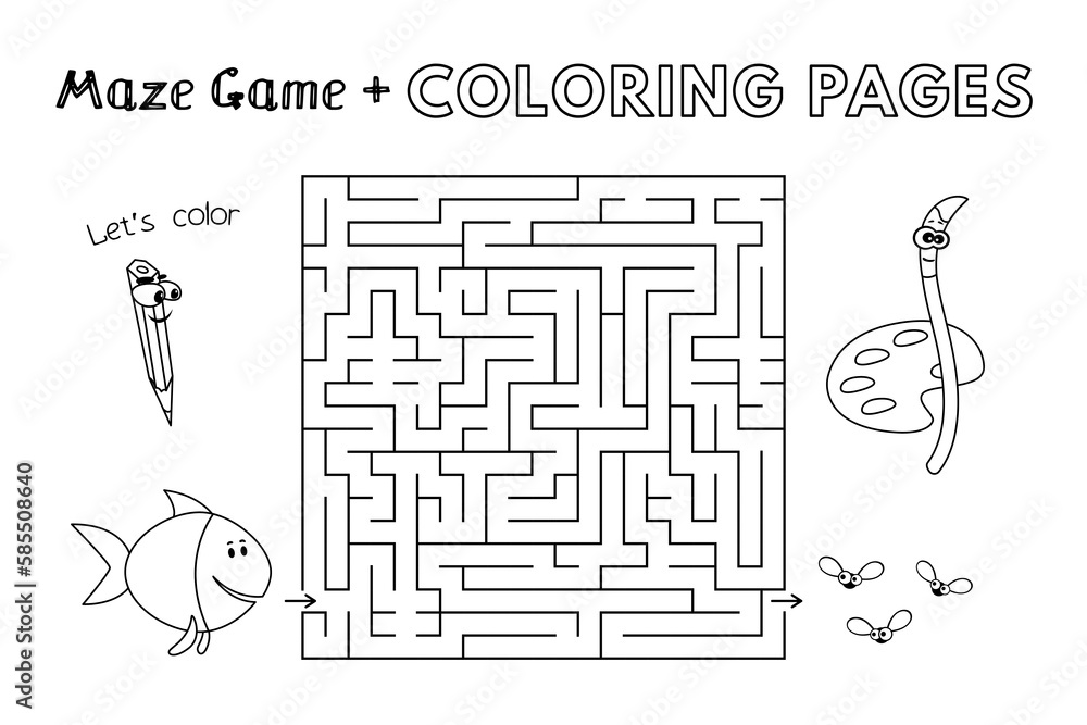Cartoon fish maze game. Vector coloring book pages for children Stock ...