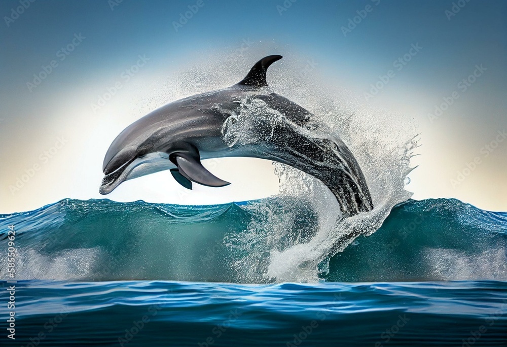 Dolphin jumping out of the ocean waves - generative AI image of a ...