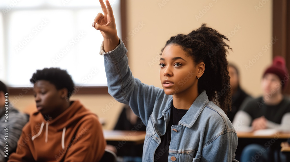 Diversity in Education: Young Black Teenage Girl Raising Hand In the ...