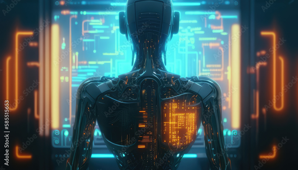 Robot or cyborg programming artificial intelligence in cyberspace. AI ...