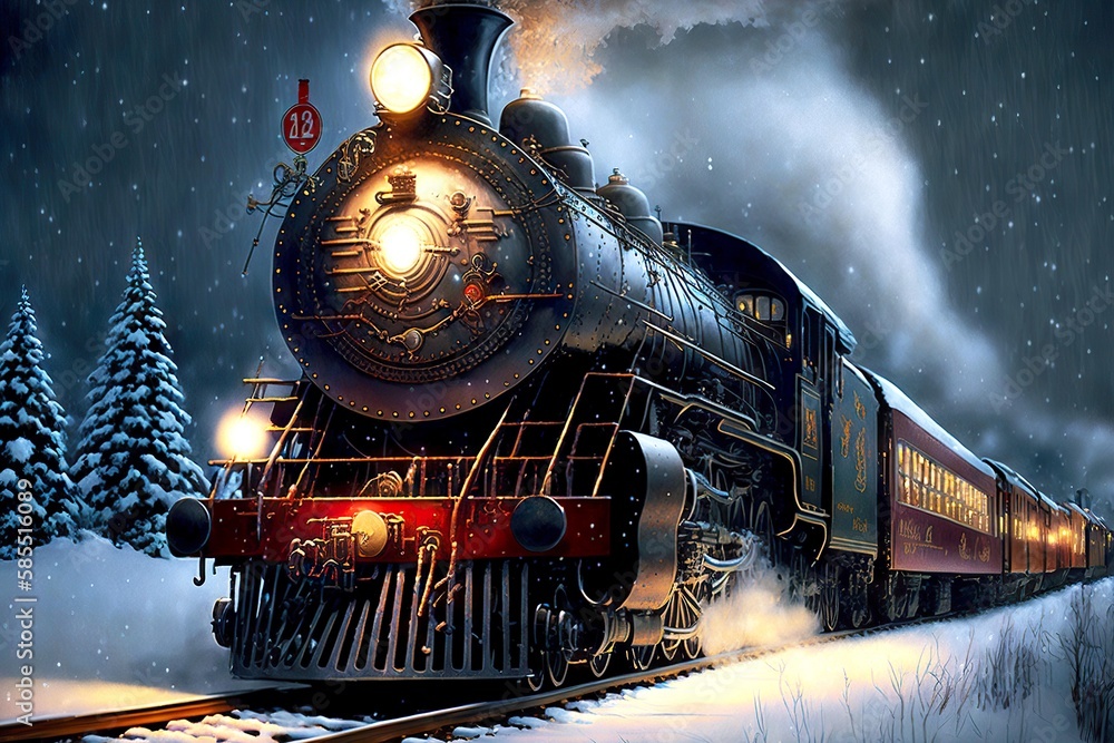 Steam locomotive with Polar Express Train lit lantern and rides on ...