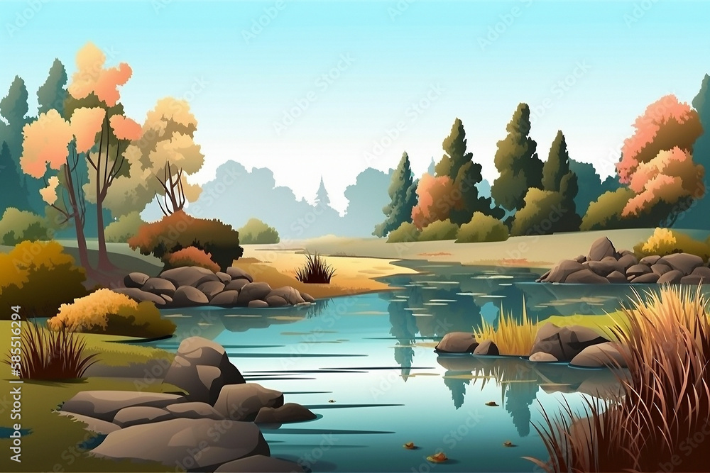 Fall landscape with forest trees and lake. Simple flat cartoon ...