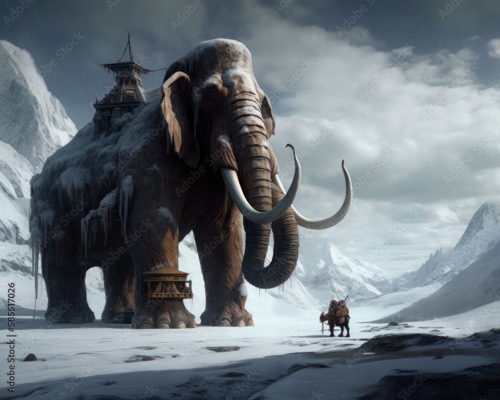 extremely high colossal wooly man standing front large elephant statue ...