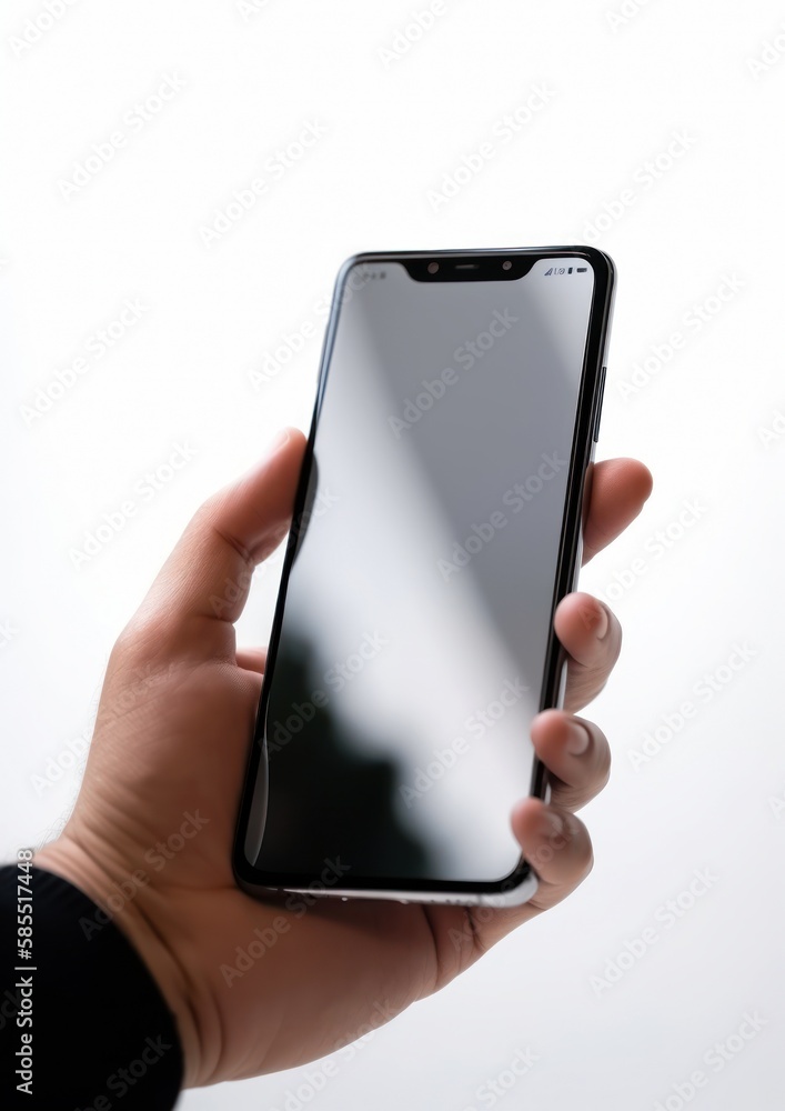 mobile phone empty white screen hand holding and transparent glass ...