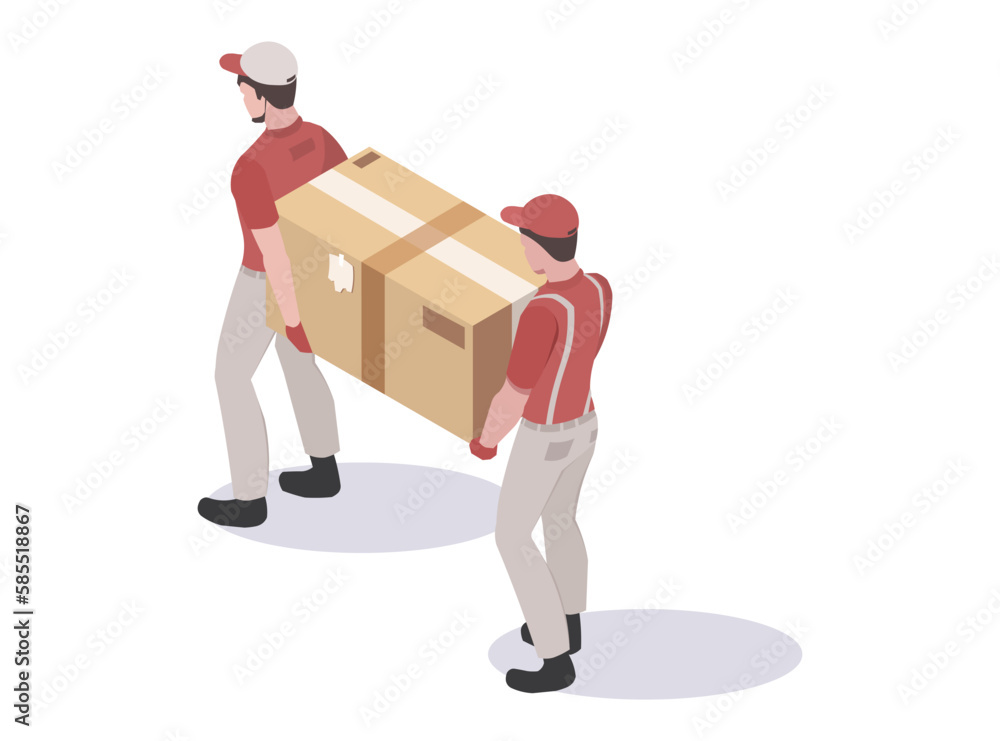 Set of warehouse workers in uniform with cardboard box 3d isometric ...