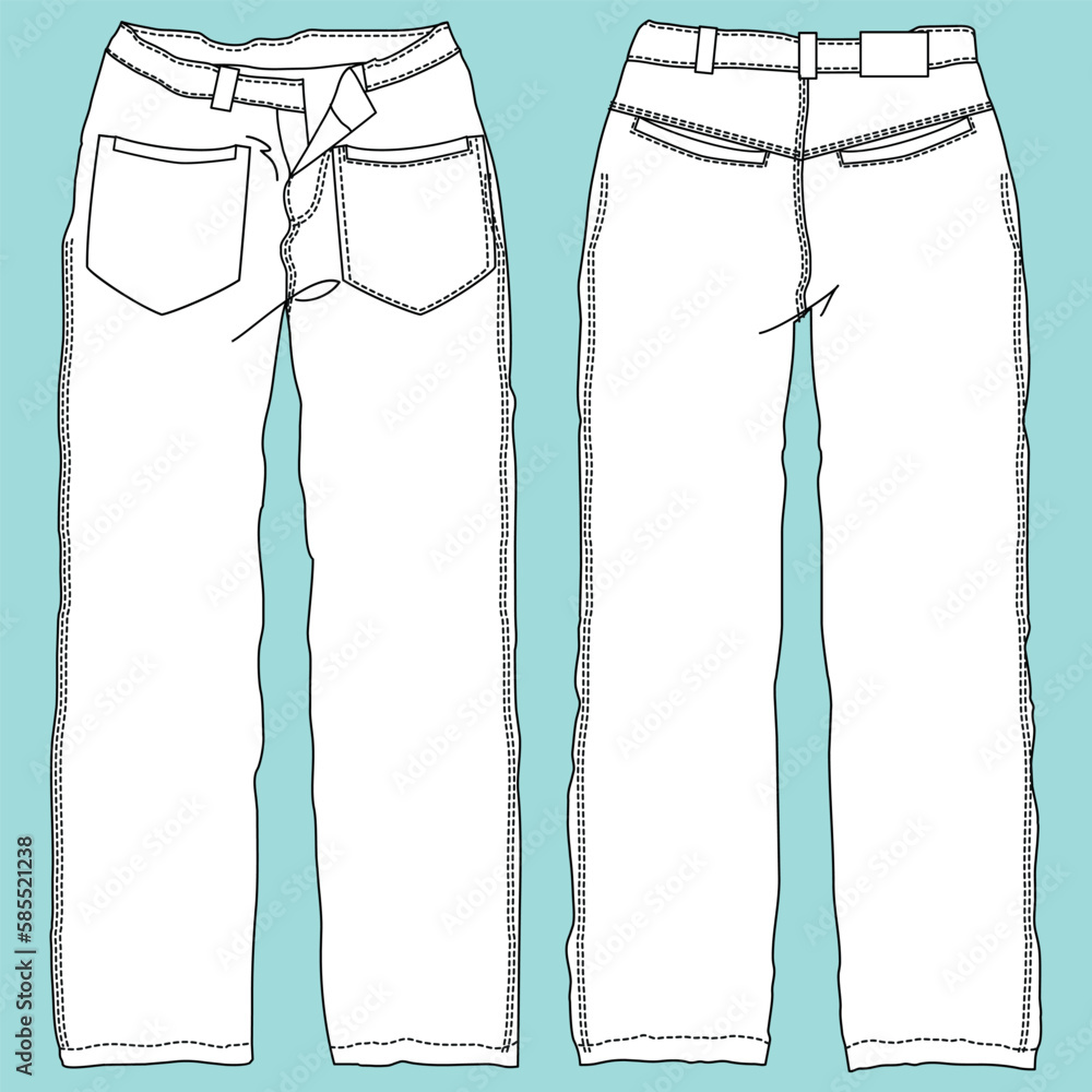 Technical fashion illustration Unisex denim pants with technical ...