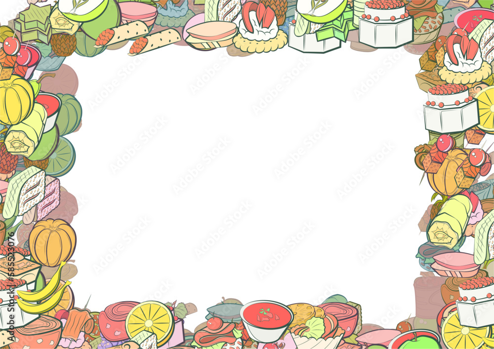 Background pattern abstract design texture. Snacks and Fruits. Border ...