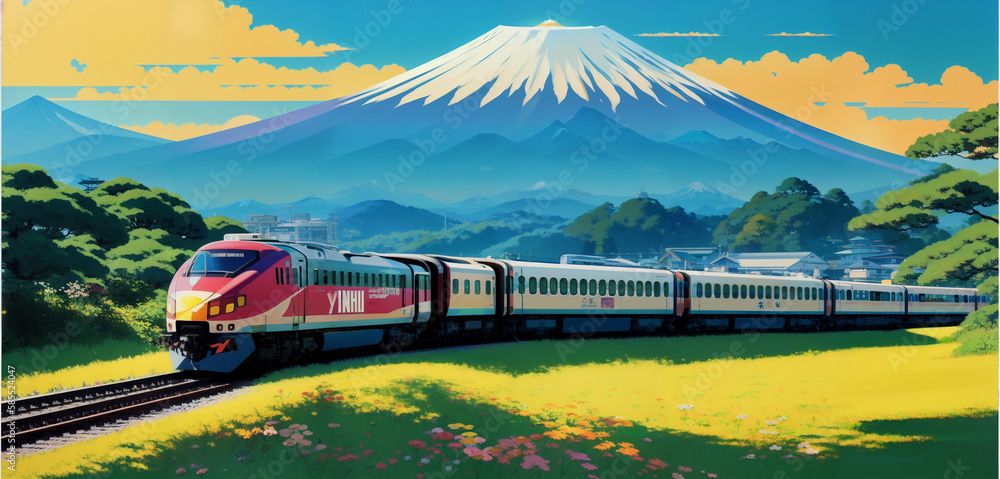 Train on the Track in Japanese Landscape and Large Mountain Generative ...