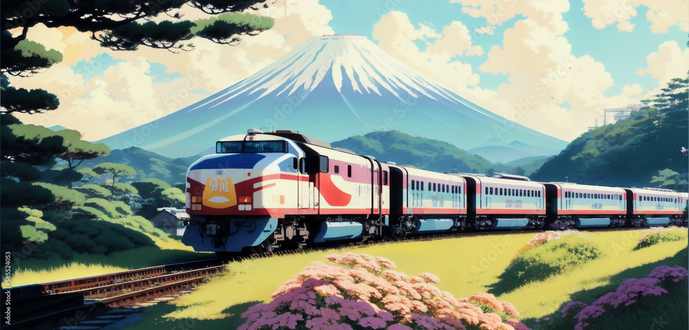Passenger Train and MT Fuji in Japan Generative AI Art Illustration ...
