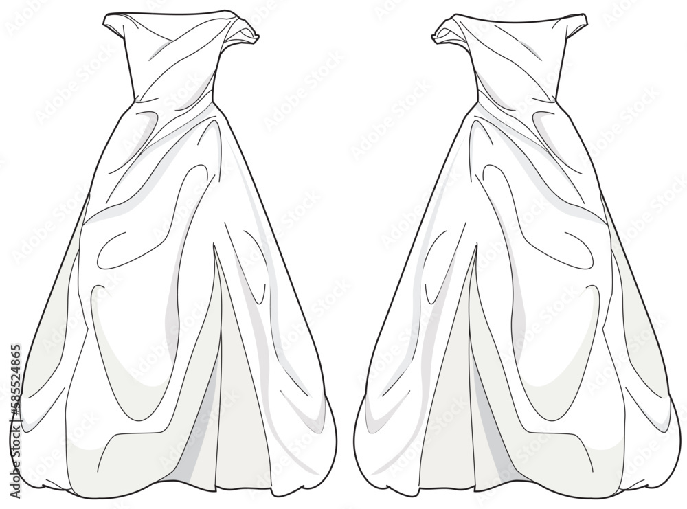 Off shoulder draped ball gown wedding dress design flat sketch fashion ...