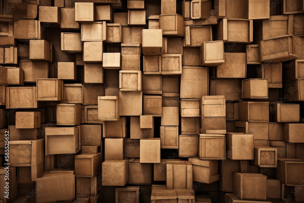a very large amount of wooden boxes stacked together in a room with a ...
