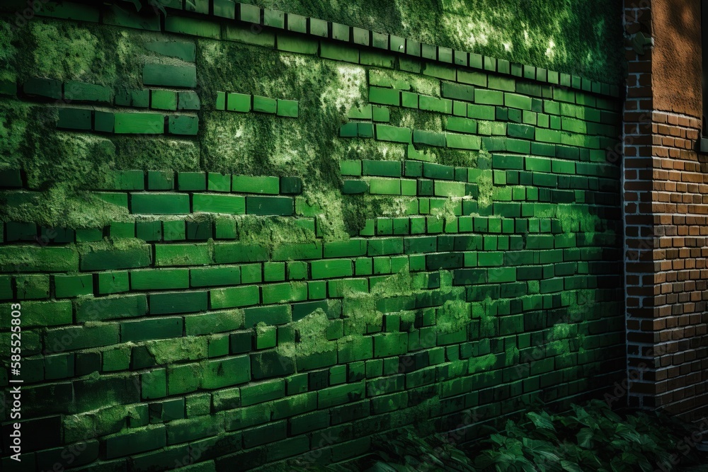 a green brick wall with a clock on the side of the wall and a brick ...