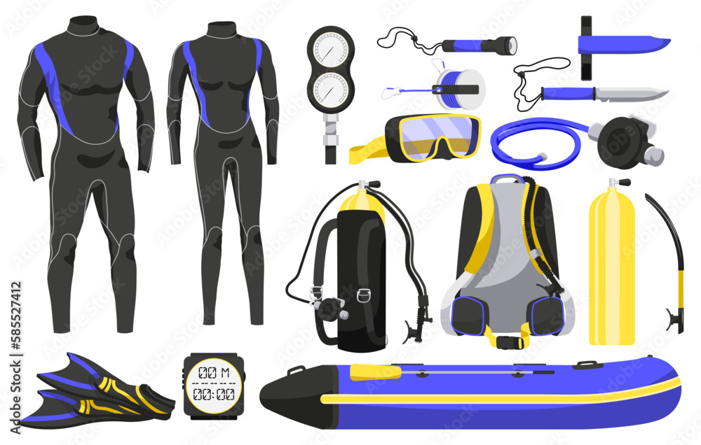 Scuba diving gear and accessories. Equipment for under water adventure ...