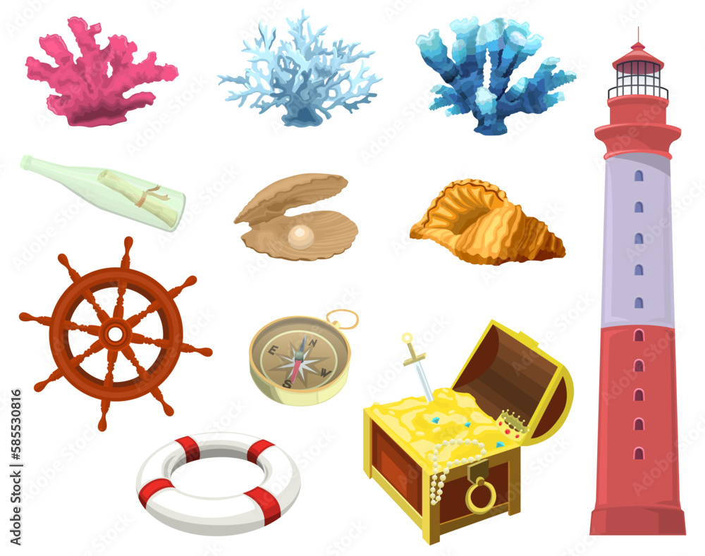 Set of sea adventures elements. Marine sailors icons isolated on white ...