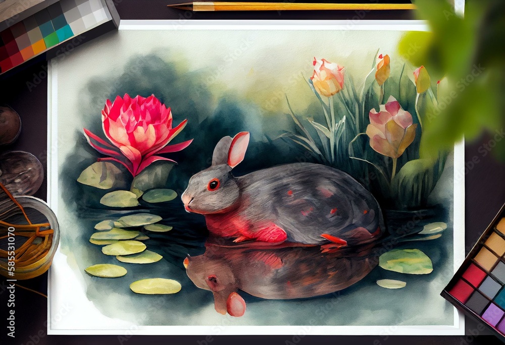 Traditional watercolor illustration of rabbit sitting near pond with ...