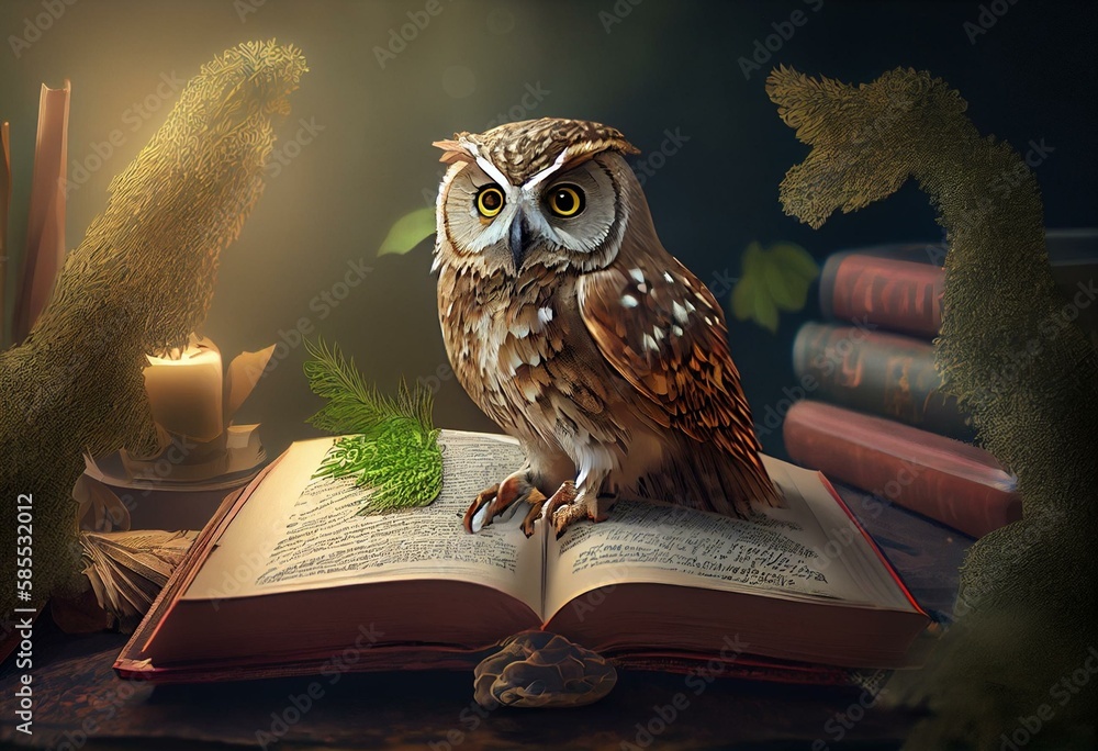 The symbol of wisdom, the owl, sits on an open book. Fairy tale fantasy ...