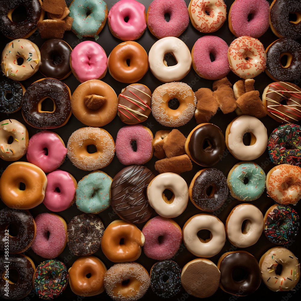 Aerial view of different types and colours of Donuts laid out grid ...
