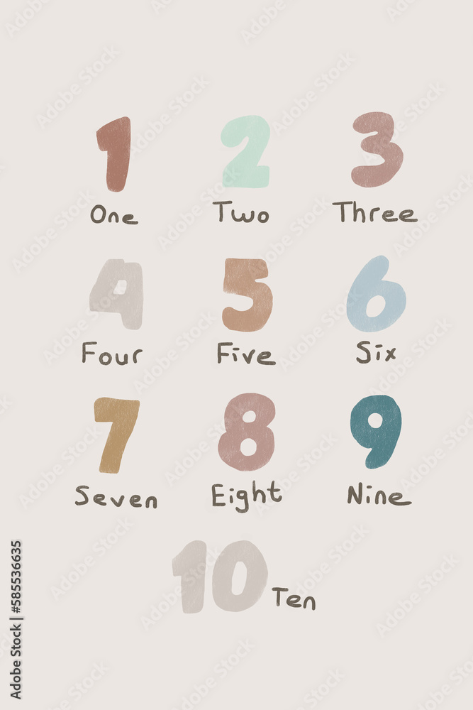 Hand drawn cute numbers poster. Colorful numbers in the picture. Pastel ...