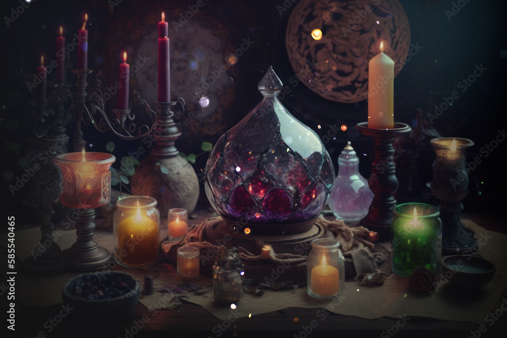 Magic Spells, Candles And Pentagram On Witch Table. AI Generated Stock ...