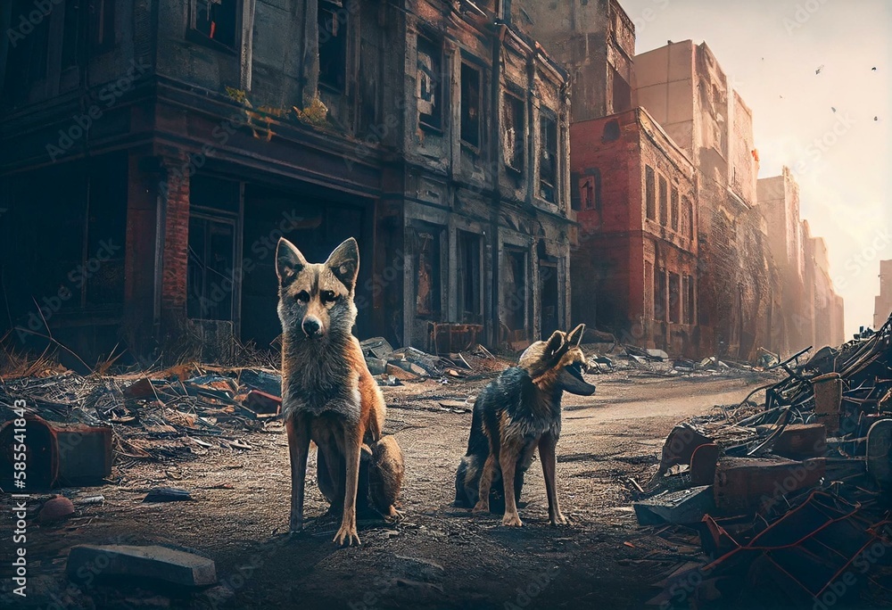 Abandoned animals on the streets of a ruined city, stray dogs near ...