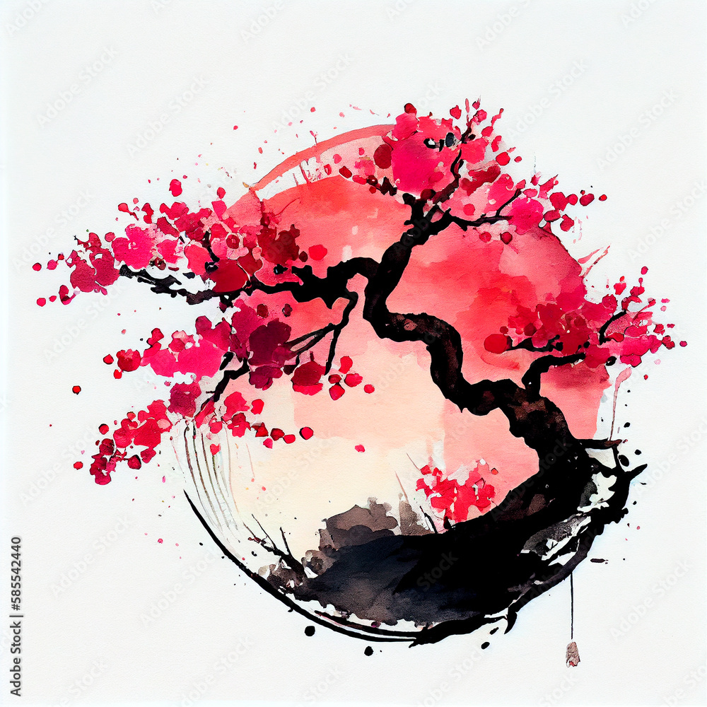 Cherry Blossom Tree Ink Painting