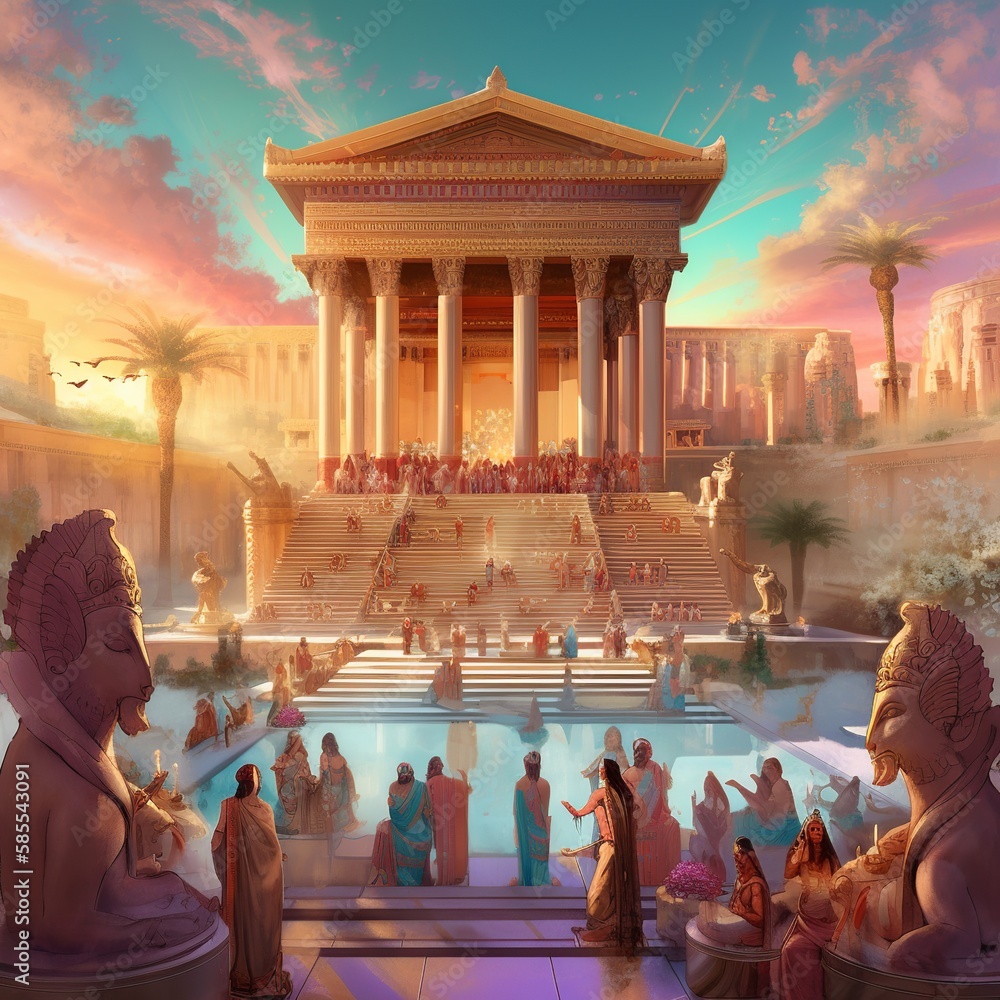Vibrant Phoenician temple illustration: ornate architecture, statues of ...
