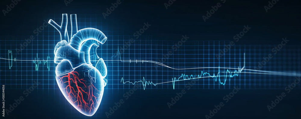 Human heart with cardiogram for medical heart health care on blue ...
