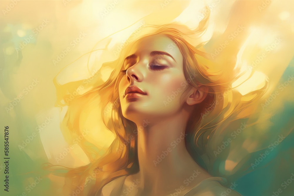 Image in artistic style of a woman looking upwards towards a red ...