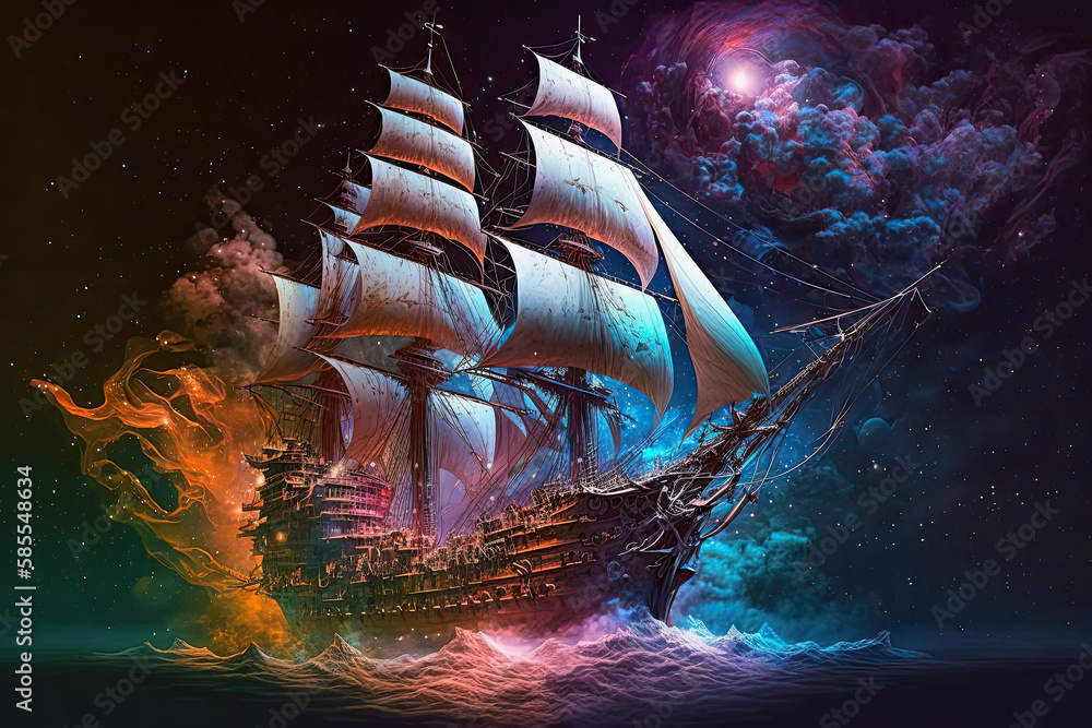 ai generative fantasy illustration of pirate ship in the ocean, in the ...