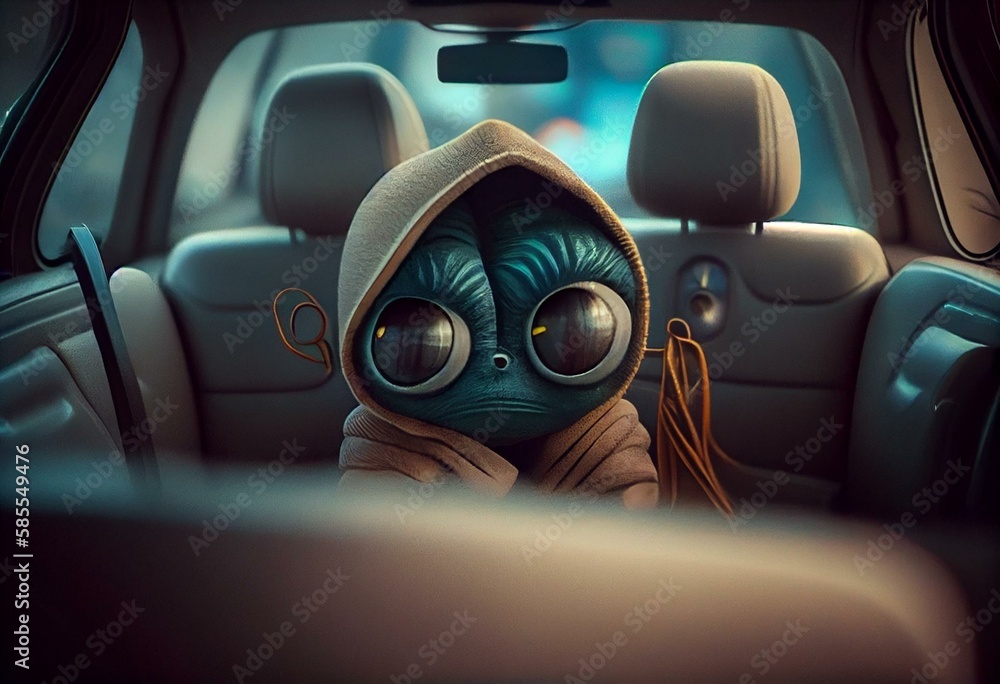 Cute alien monster sitting in the car stuck in traffic. Sad face with ...