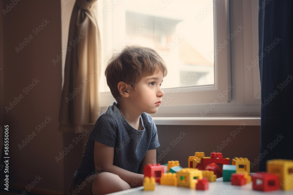 sad autistic boy sit next to a window with toys, created with ...