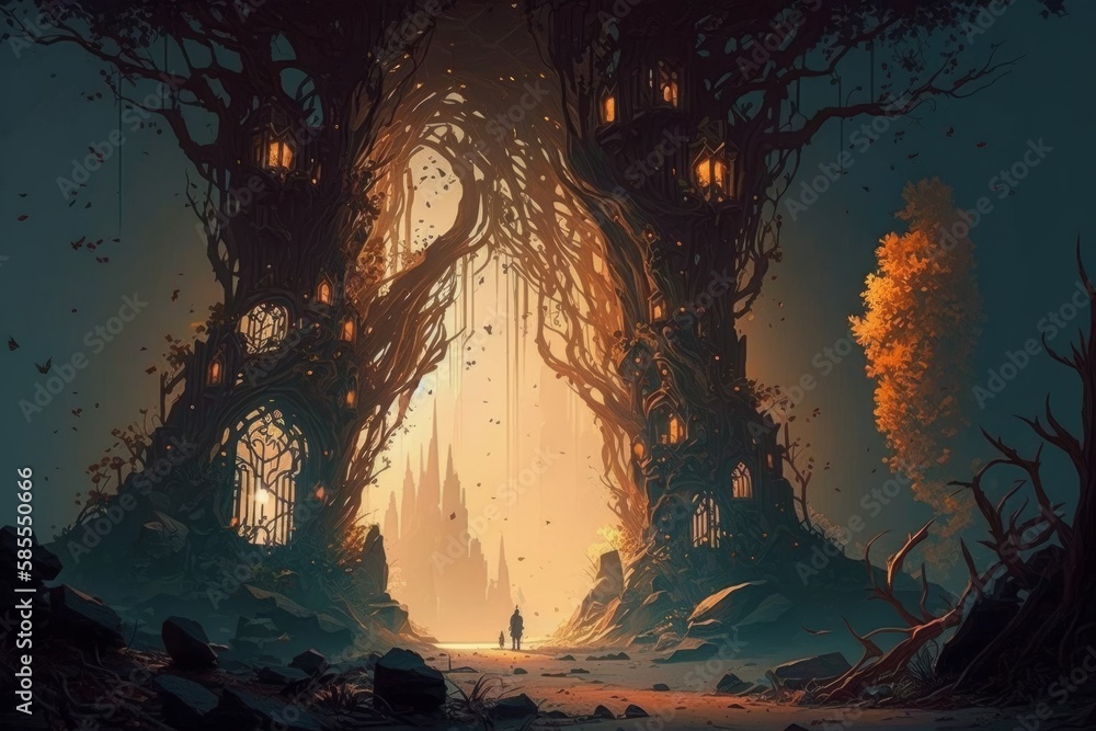 Golden Hour Inferno: A Haunted Mansion in a Dark and Eerie Landscape ...