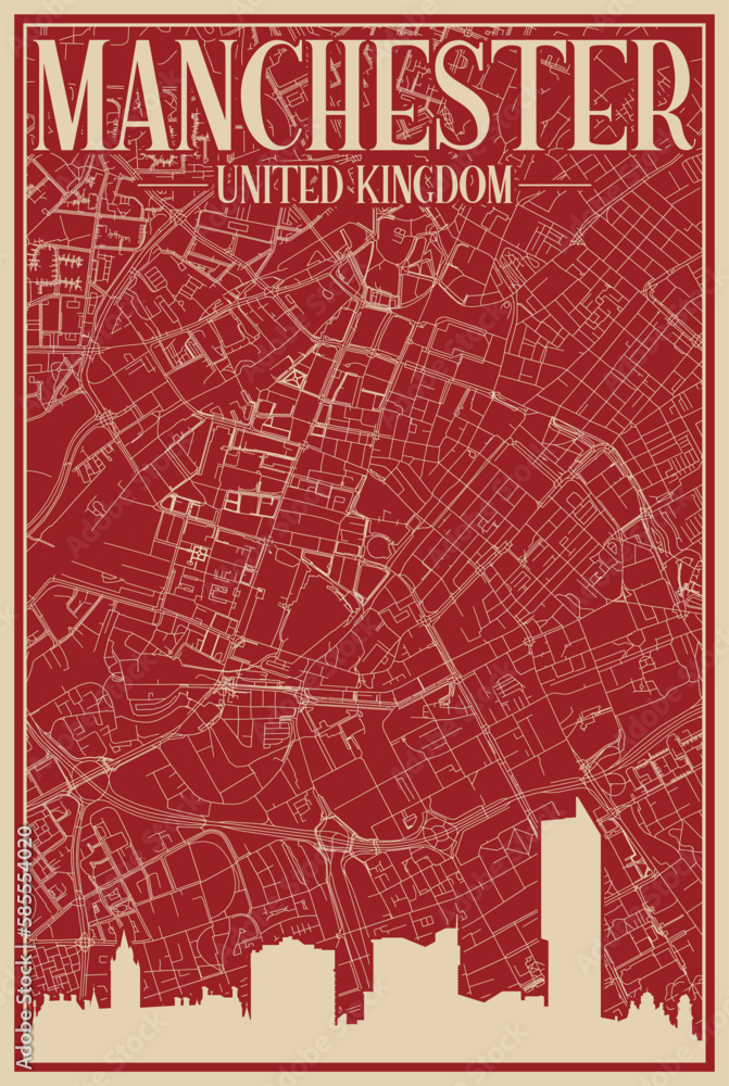 Colorful hand-drawn framed poster of the downtown MANCHESTER, UNITED ...