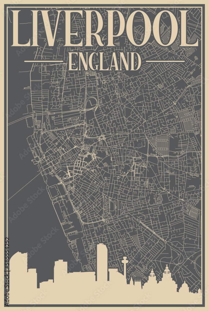 Colorful hand-drawn framed poster of the downtown LIVERPOOL, UNITED ...