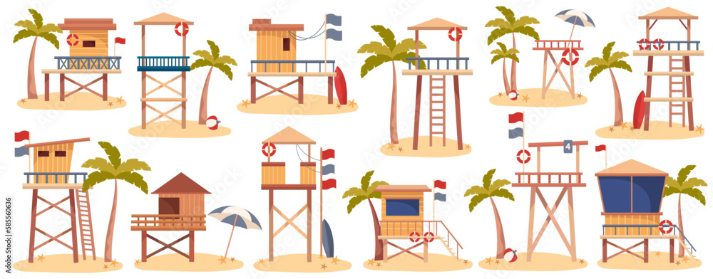 Lifeguard stations flat illustrations set. Wooden buildings for life ...