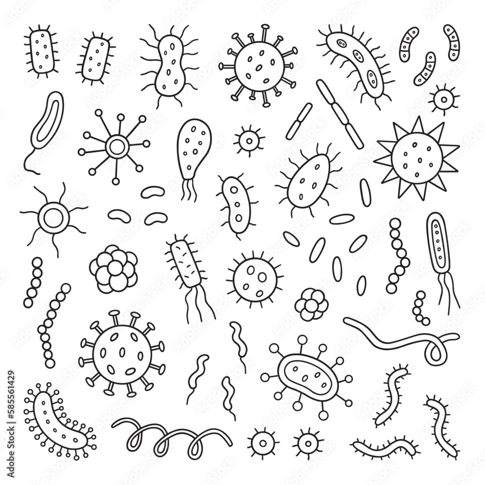 Bacteria and Viruses doodle set. Microorganism in sketch style. Hand ...