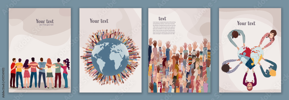 Poster template with group of people of diverse cultures. Hands raised ...