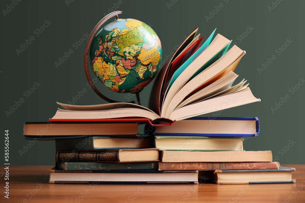 World book day a world globe standing on a stack of books on a desk in ...