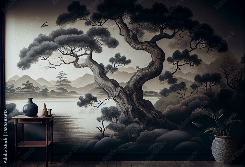 Tree by the lake. Misty landscape. Tree with birds in the Japanese ...