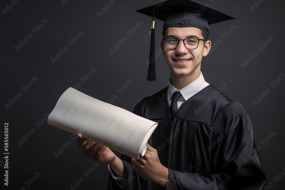 Proud and happy graduate in graduation cap and gown holdong a diploma ...