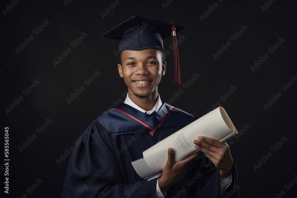 Proud and happy graduate in graduation cap and gown holdong a diploma ...
