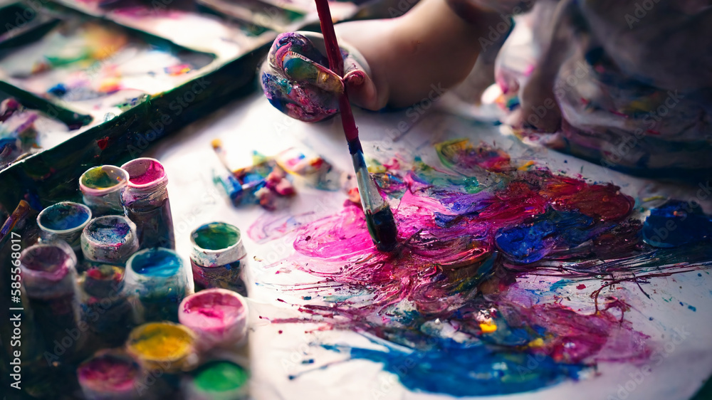 Child painting with paint brush at kindergarten using multi colored ...